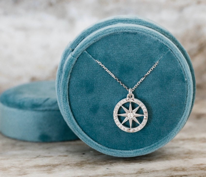 14k White Gold Diamond Compass Rose Necklace (made to order) | Coast ...